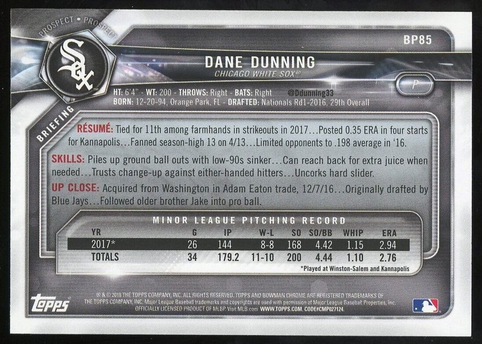2018 Bowman Dane Dunning Rookie Rangers White Sox RC #BP85 | eBay