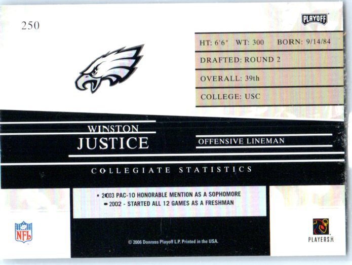2006 Playoff Prestige #250 Winston Justice Rookie Card | eBay