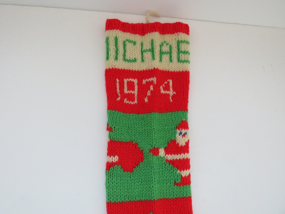 Vintage Personalized MICHAEL Hand Knit Santa Tree Toys Stocking 1974 | eBay