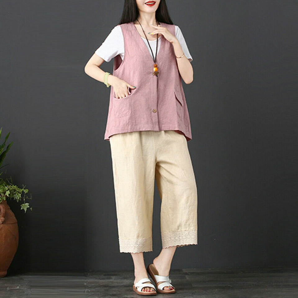 Womens Linen Vest Top Waistcoat Gilet V Neck Sleeveless Jacket Pocket ...