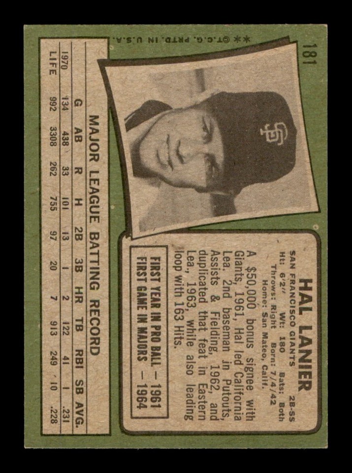 1971 Topps Baseball #181 Hal Lanier EX | eBay