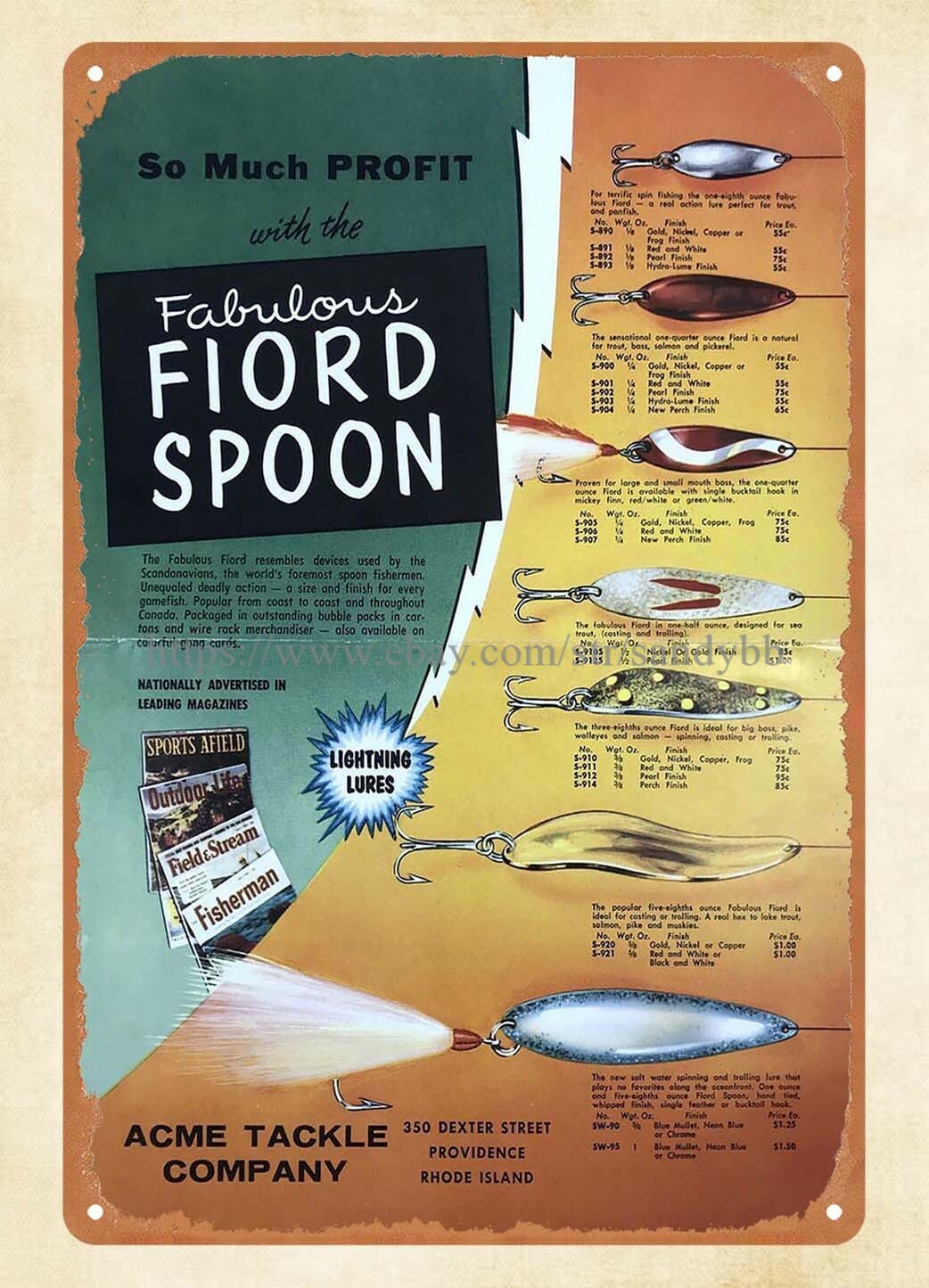 1950s ACME TACKLE COMPANY FABULOUS FIORD SPOON Fishing Lure metal tin ...