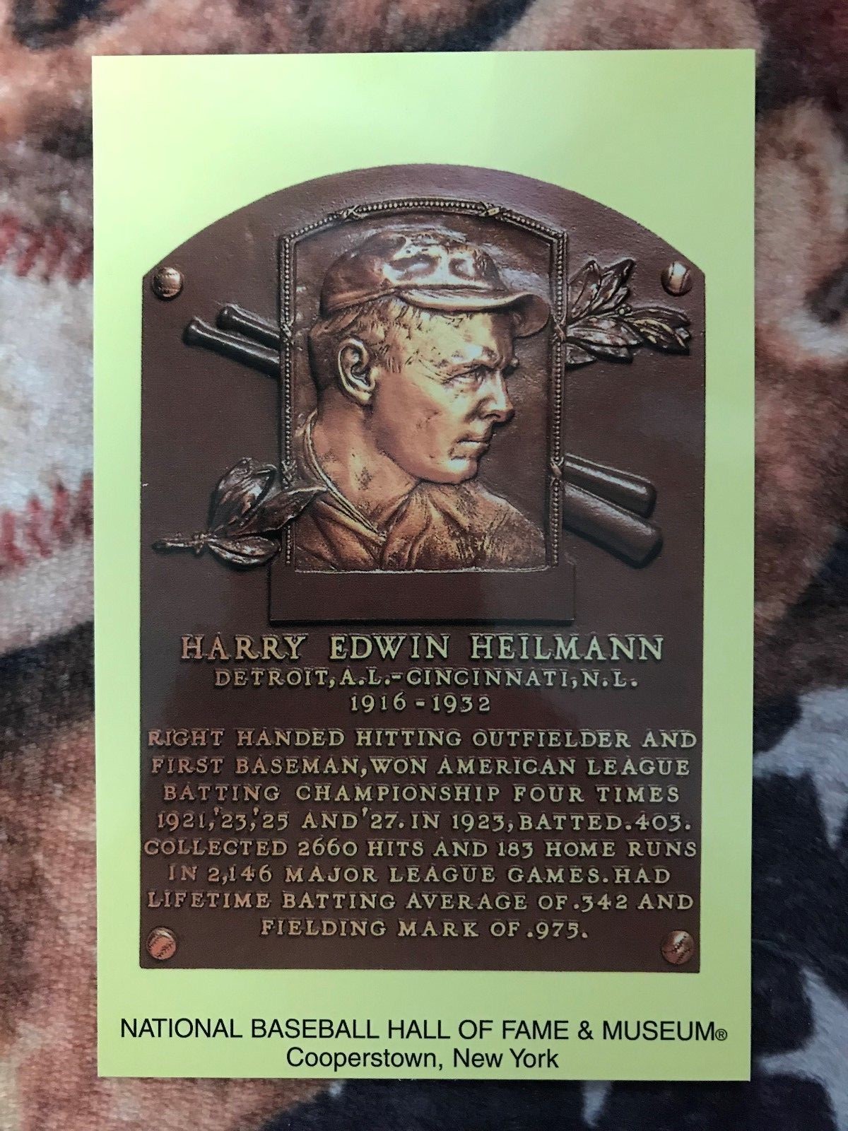Harry Heilmann Postcard- Baseball Hall of Fame Induction Plaque- Photo ...