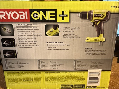 Ryobi 18V P1815 brushless drill/driver 2 battery's 1 charger & bag NEW ...