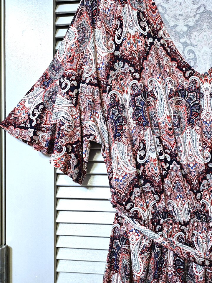 red paisley print ruffle slev midi dress 2XL w/ anthropologie earrings ...