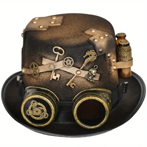 Steampunk Gothic Time Traveler Top Hat w/ Wearable Goggles - Black ...