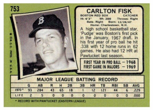 Carlton Fisk Boston Red Sox / custom card 1971 style / FREE SHIP / NM+ ...