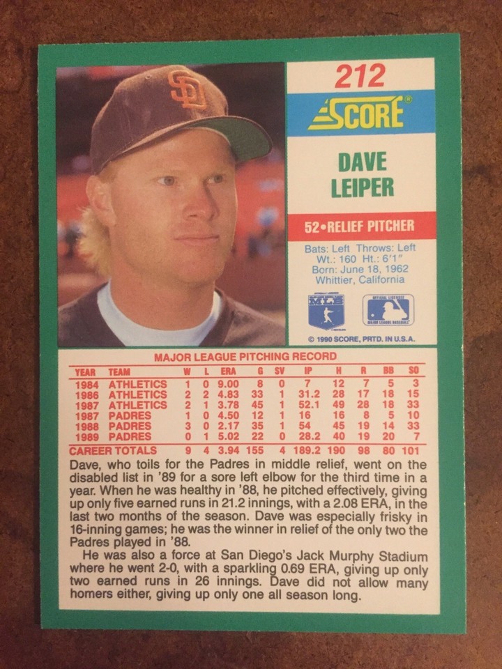 Dave Leiper 212 Score 1990 MLB Baseball Trading Card | eBay