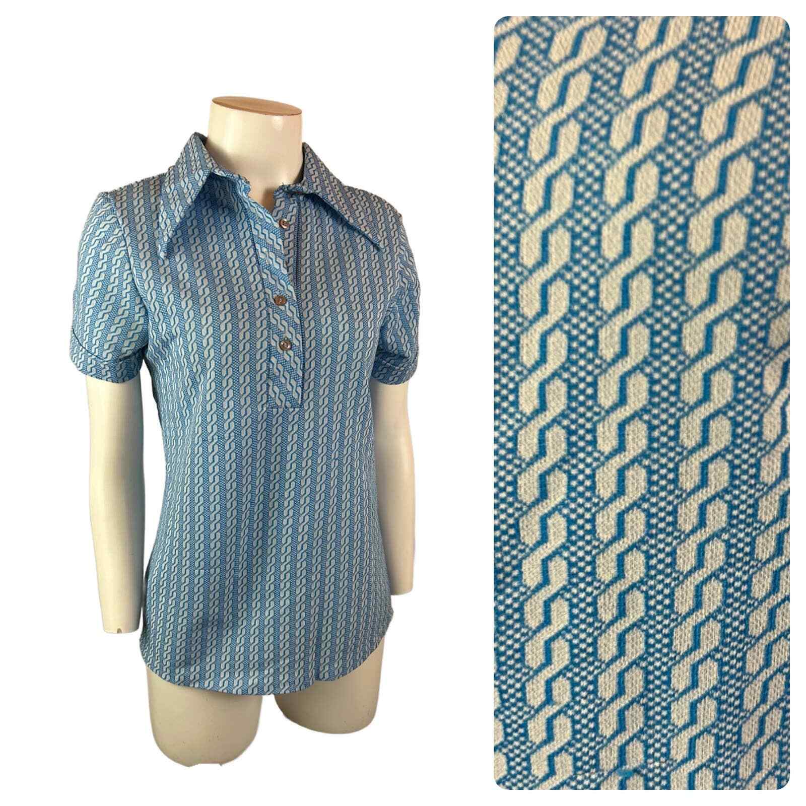 1970s Pop Art 5 Button Polo Shirt Dagger Collar Short… - Gem