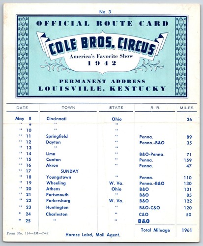 1942 Cole Bros Circus Route Card Ohio West Virginia | eBay