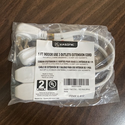 1 Ft (2 Pcs) 3 Outlet Extension Cord White Triple Wire Grounded 16/3 ...