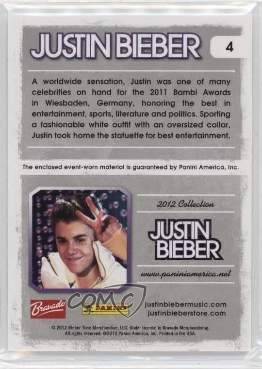 2012 Panini Justin Bieber Collection Authentic Items Justin Bieber #4 ...