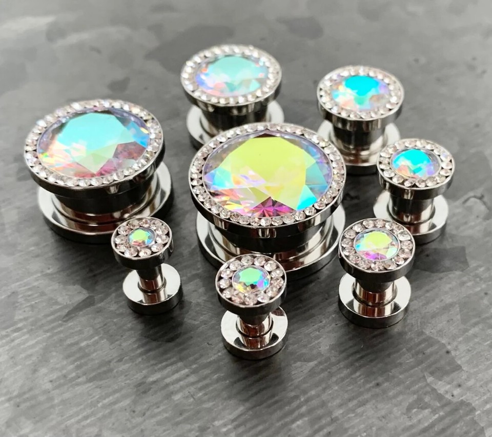 PAIR Large CZ Gem Rimmed 316L Surgical Steel Screw Fit Plugs Tunnels ...