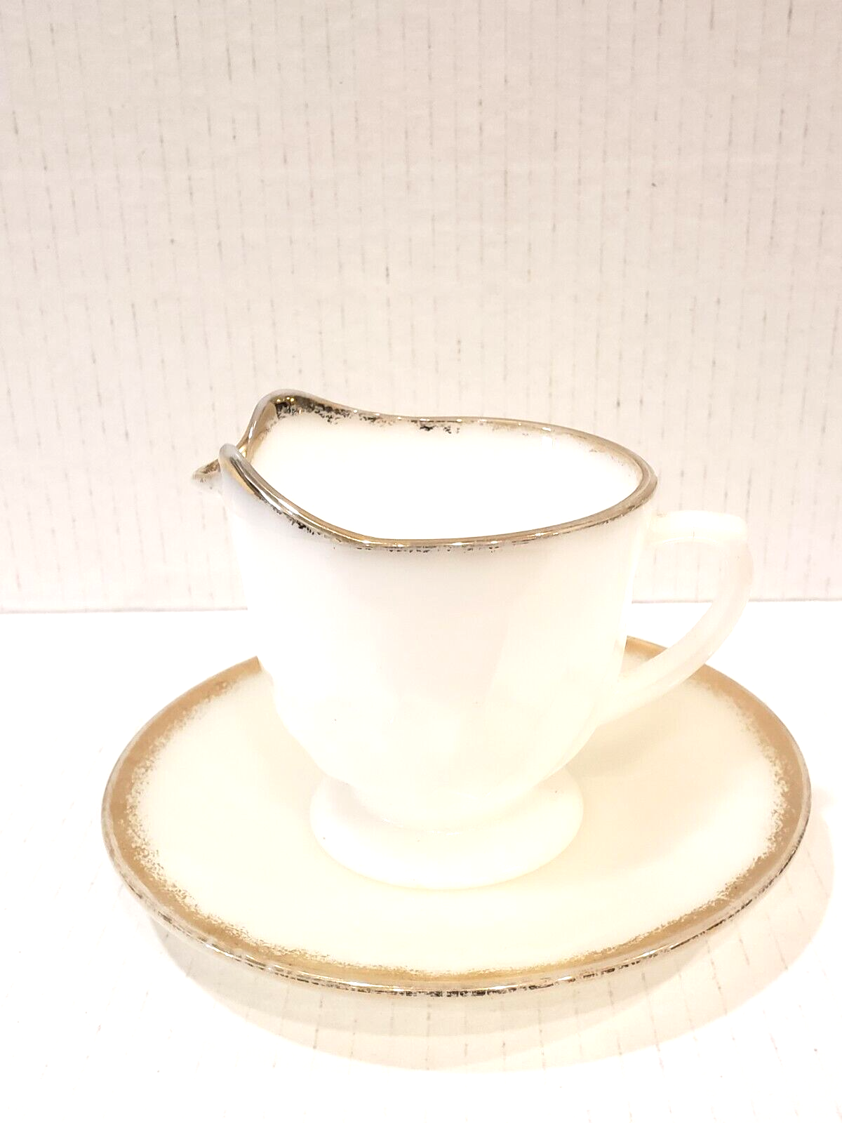 Vintage Fire-King White Milk Glass Swirl Creamer and Underplate Gold ...