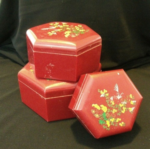 Vintage trinket box set of 3 hexagon stackable maroon oriental blossom ...