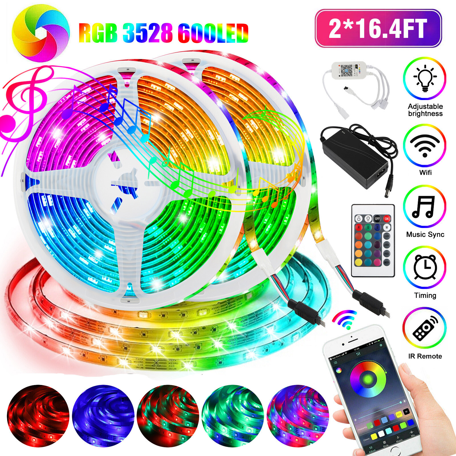 32ft 600 LED Strip Lights WiFi Control Bedroom RGB Music Sync Indoor ...