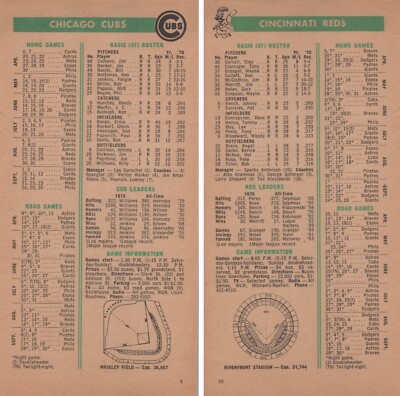 1971 Chicago Cubs Cincinnati Reds Wrigley Riverfront Stadium Schedule ...