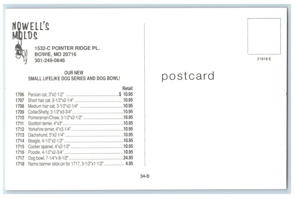 c1960 Nowell Molds Animals Bowie Pricelist MD Dogs Poodle Beagle Collie ...