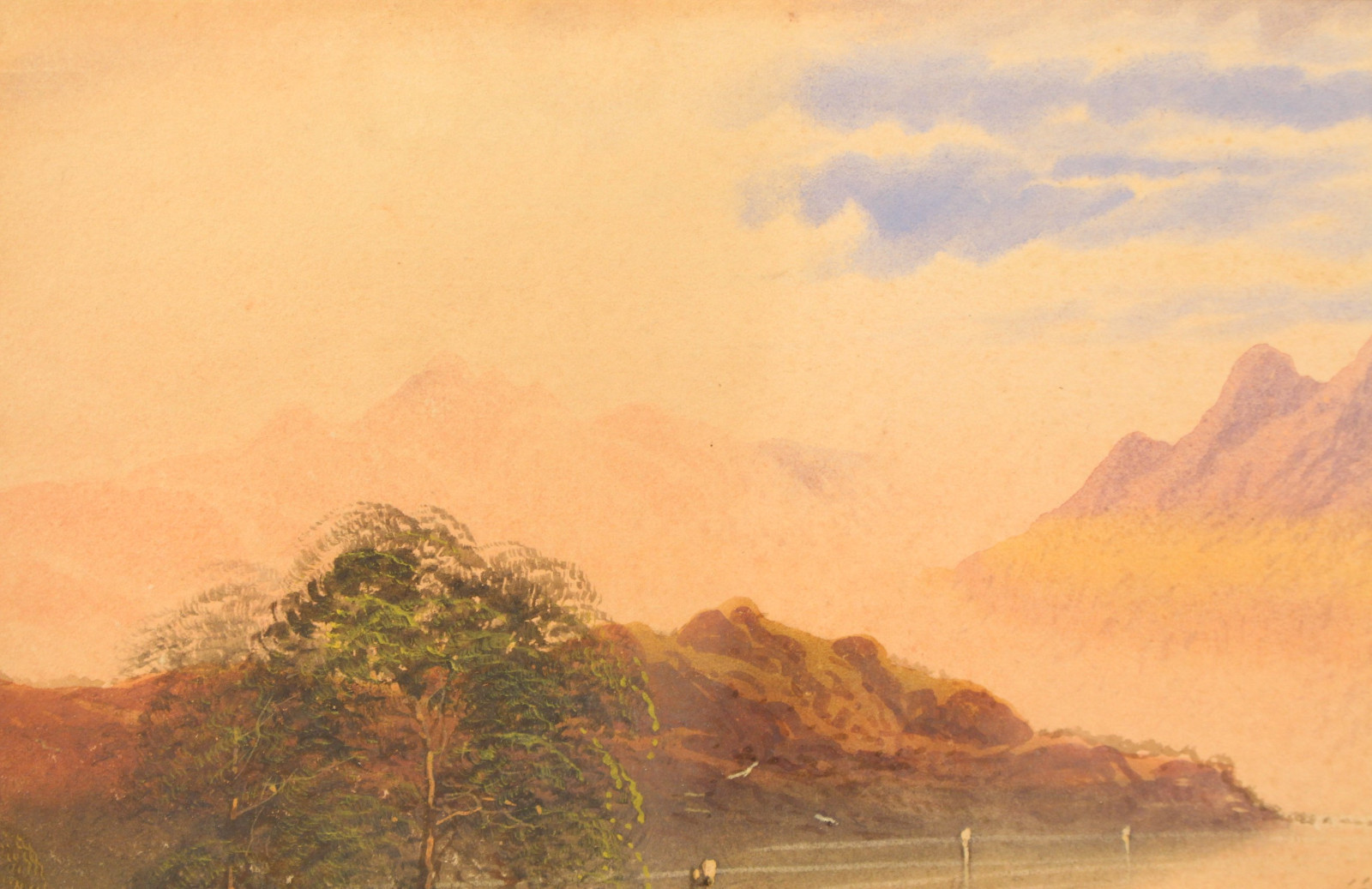 Edwin Lewis "Boats on Mountain Lake at sunrise" Water Colours ca. 1890 ...