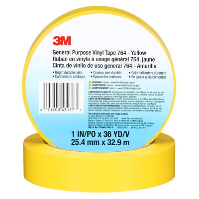3M General Purpose Vinyl Tape 764, Yellow, 1 in x 36 yd, 5 mil, 36 Roll ...