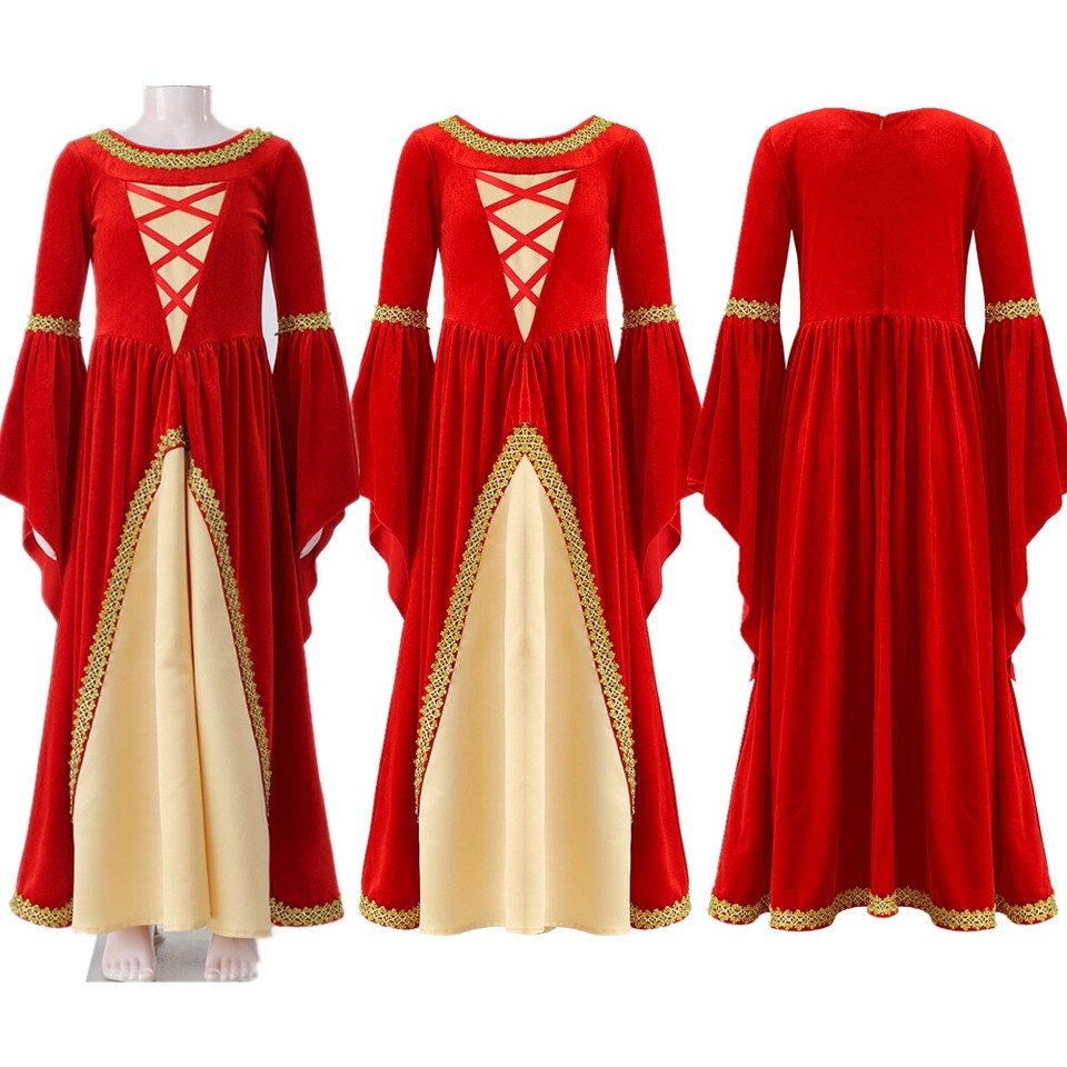 Kids Girls Medieval Costume Flared Sleeve Renaissance Dress Royal ...