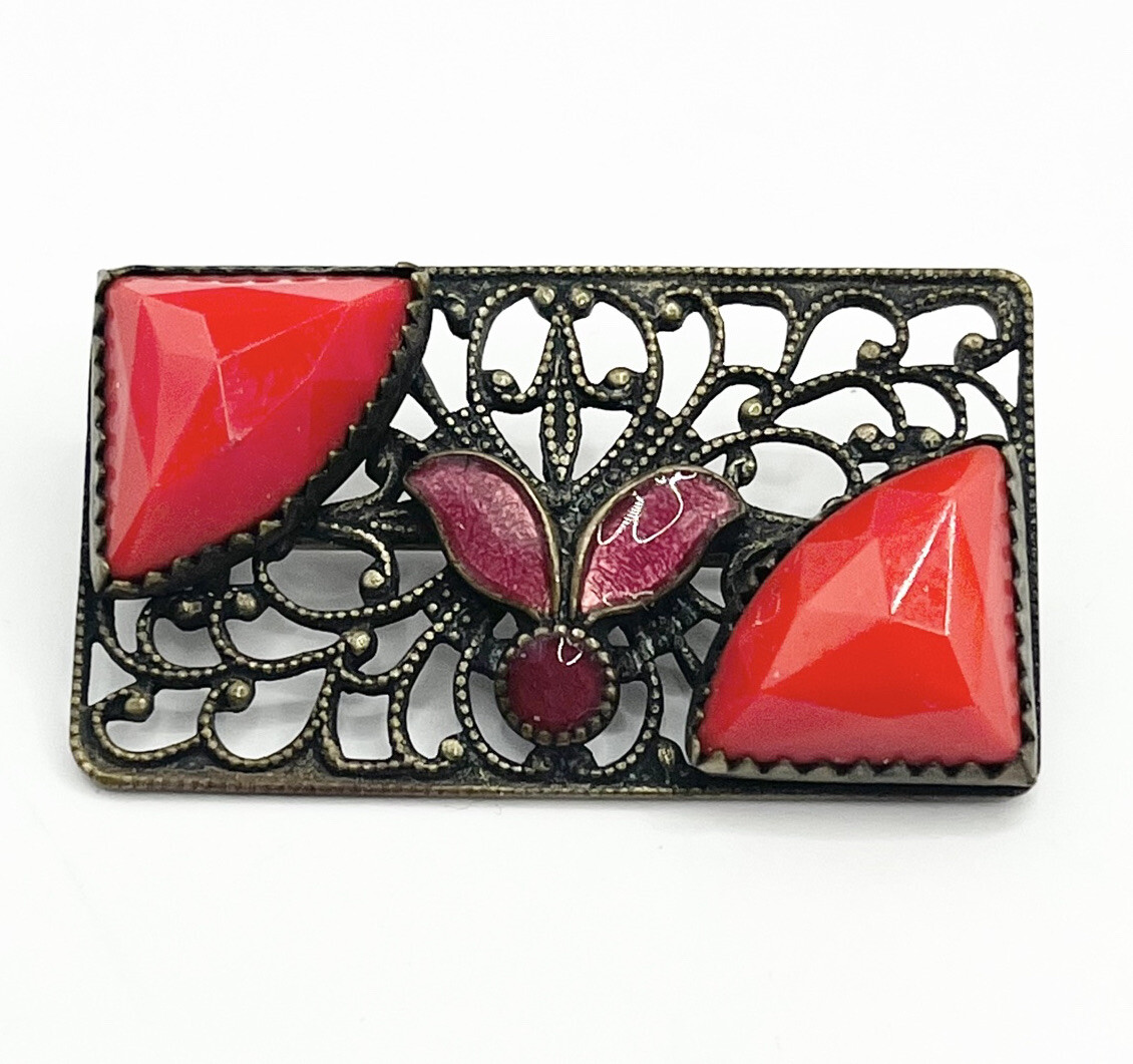 Antique Estate Red Glass Stone & Guilloche Enamel Bro… - Gem