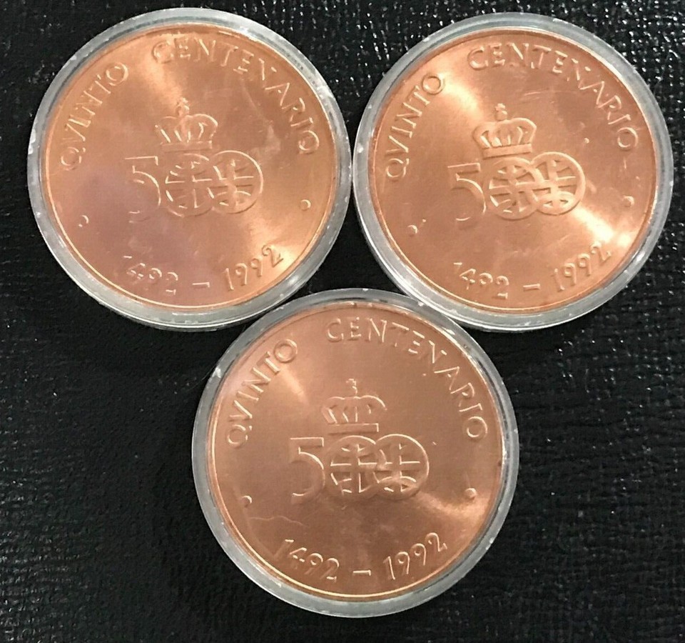 3 QVINTO CENTENARIO 1492-1992 COPPER COINS-SANTA MARIA,COLUMBUS,TRES ...