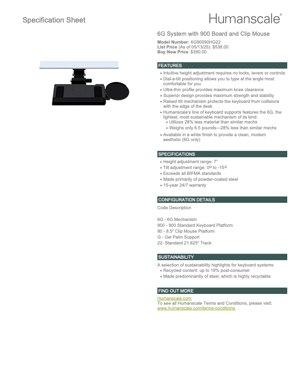 Humanscale 6G Series Mounted Keyboard System Mouse Pad Mechanism White ...