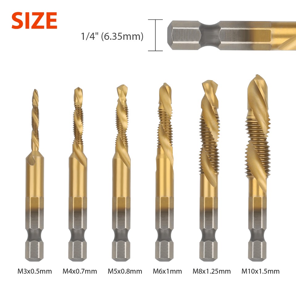 6PCS 1/4" HSS Hex Shank Titanium Plated Screw Thread Drill Bits Set M3 ...