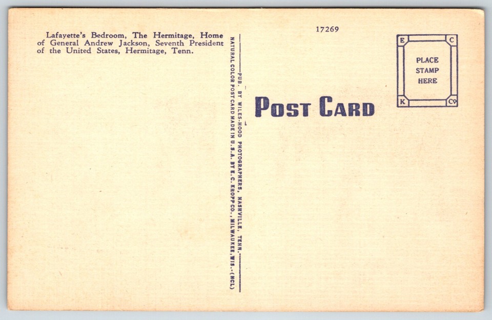 Postcard Lafayette's Bedroom, Home Of Gen. Andrew Jackson 7th President ...