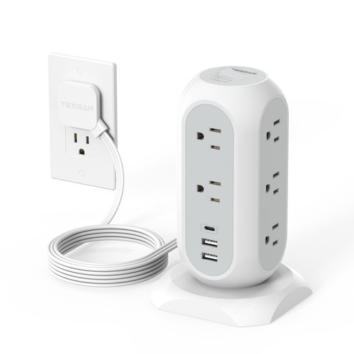Tower Power Strip Flat Plug with 11 Outlets 3 USB 1 USB C TESSAN Surge ...