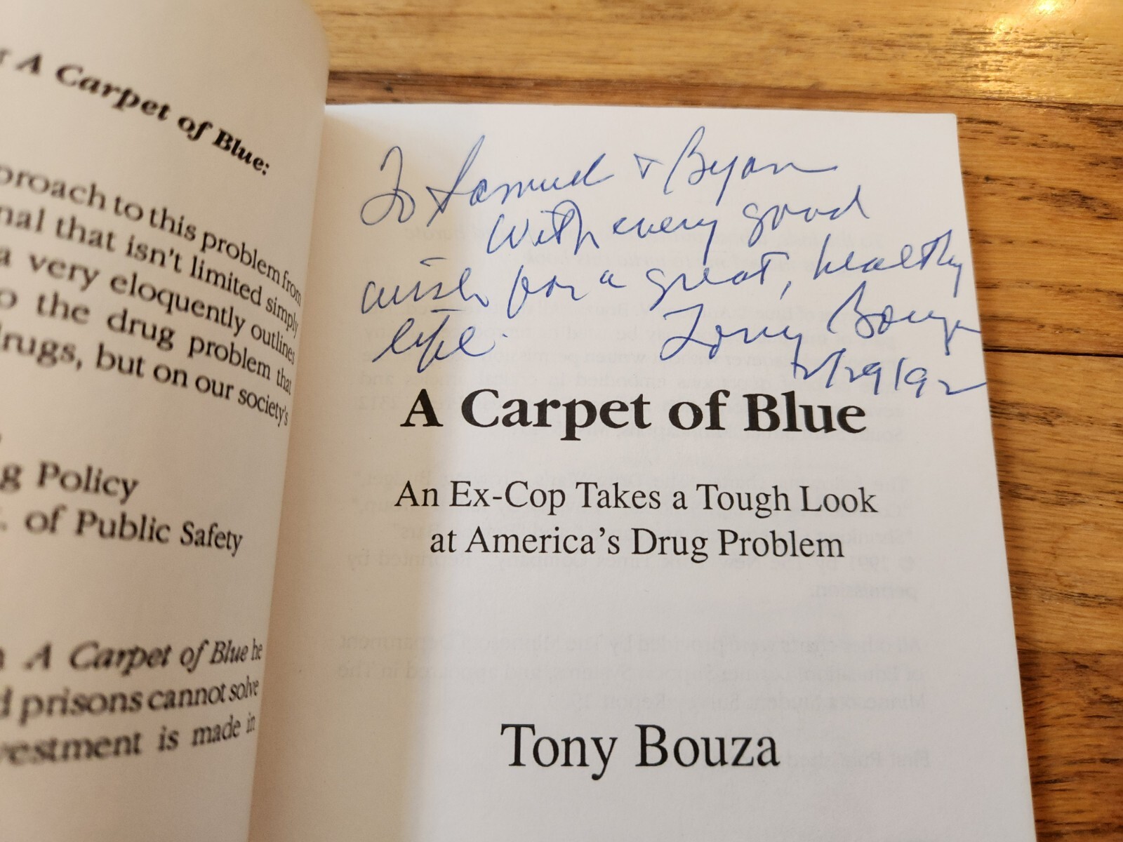Tony Bouza SIGNED A Carpet of Blue Ex-Cop America Drug Problem 1992 COA ...