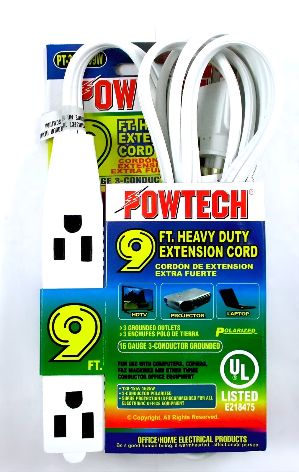 3 Outlet 9 Ft Heavy Duty Extension Cord 13A-125V 1625W HDTV Projector ...