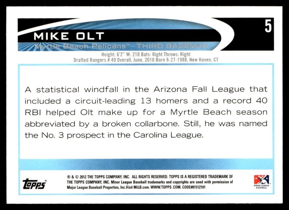 2012 Topps Pro Debut Mike Olt Rookie Myrtle Beach Pelicans #5A | eBay
