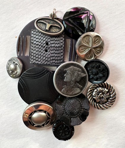 Mixed Lot of Vintage Black & Silver Buttons; Black Glass, Metal & Early ...