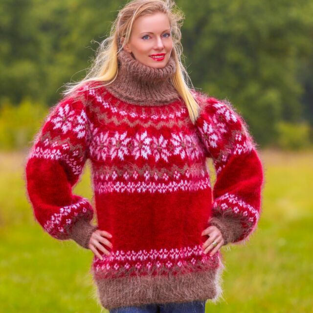 Red Mohair Sweater Icelandic Fuzzy Jumper Hand Knit Nordic Pullover