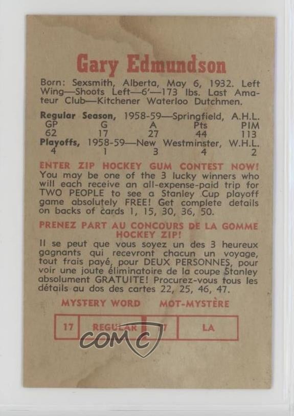 1959-60 Parkhurst Garry Edmundson (Name Misspelled as Gary) #48 1t6 | eBay