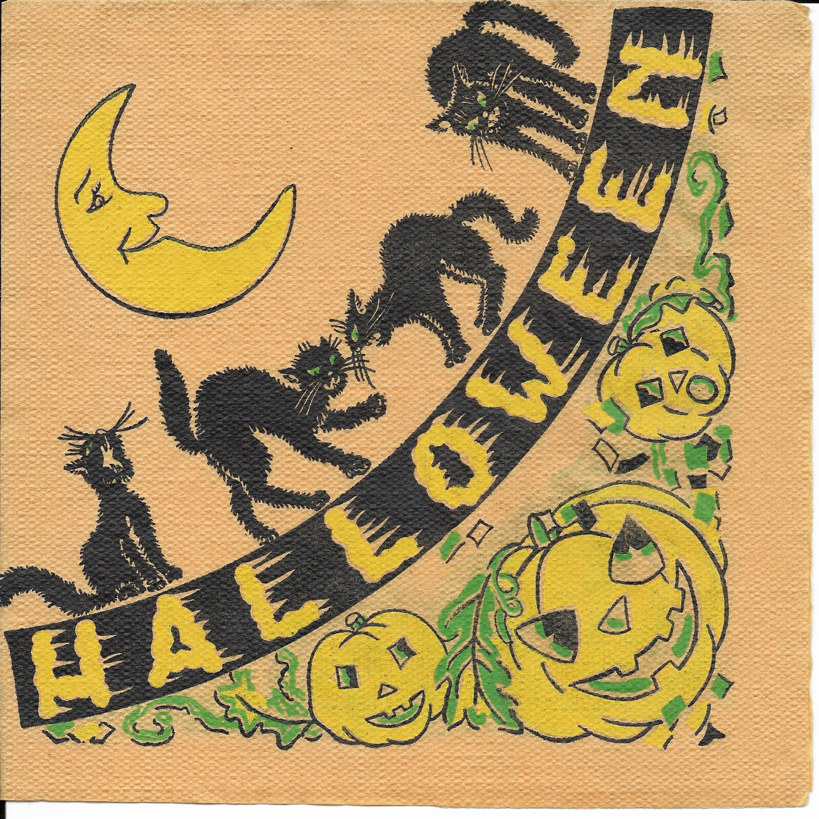 Vintage REED Paper Halloween Napkin ~ Scary Cats, JOL, Man In Moon ...