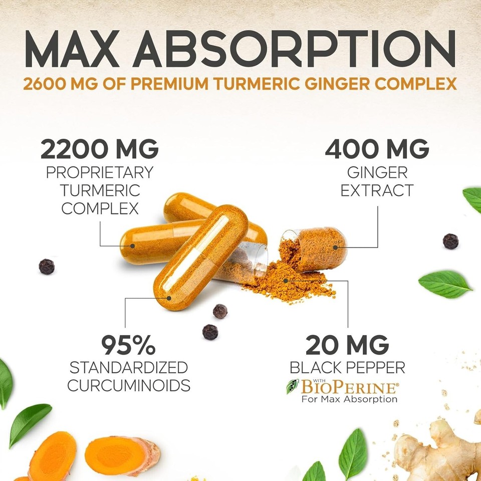 Turmeric Supplement Curcumin 2600mg - with Organic Ginger & Turmeric ...