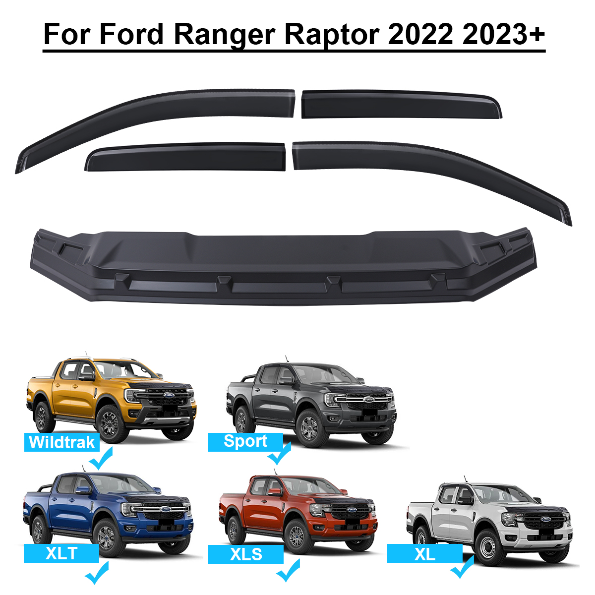 Bonnet Protector + Window Visors Weather shield for Ford Ranger Raptor ...