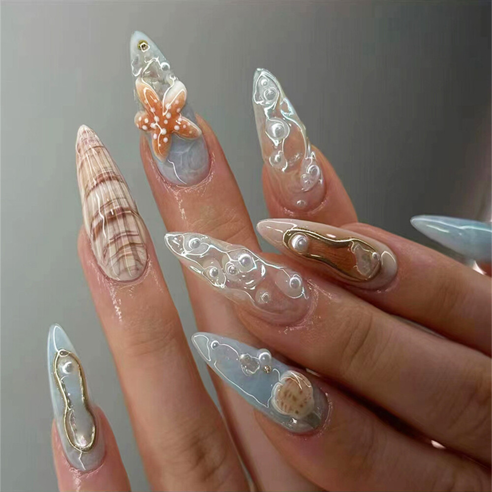 Short Almond Press-On False Nail Soild Ocean Stars Shell Delicate ...