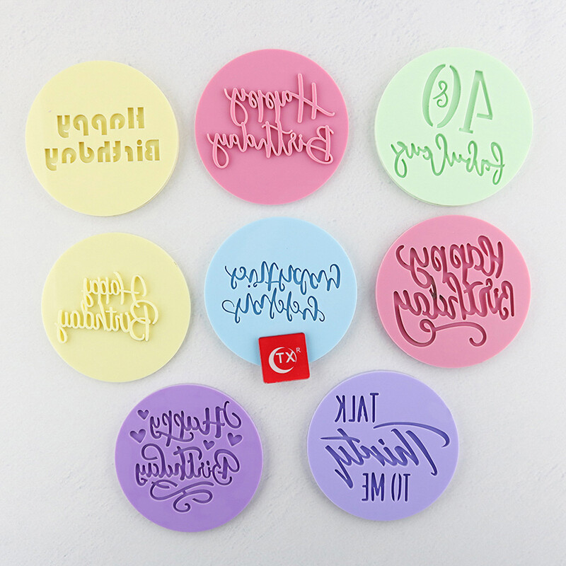 Fondant Cake Happy Birthday Embosser Stamp Mold Round Acrylic Baking T ...