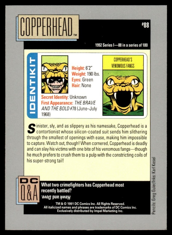 1992 Impel DC Comics Cosmic COPPERHEAD #88 Earth's Mightiest Villans | eBay