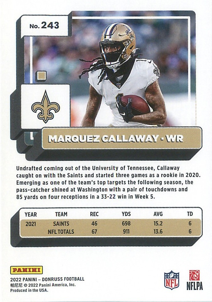 Marquez Callaway 2022 Donruss Football NFL Base Card #243 New Orleans ...