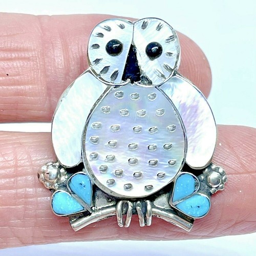 Zuni Inlay Snowy Owl Pendant Pin Sterling Turquoise Native American ...