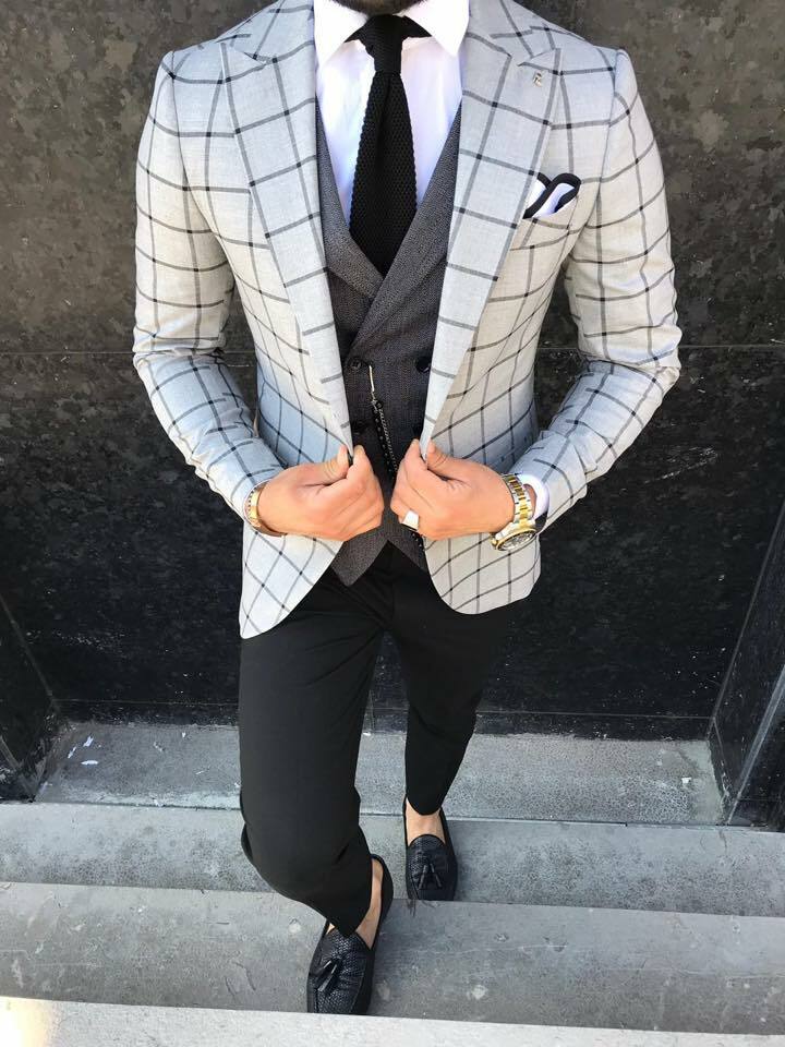 Designer Gentleman Suit Grey Black Checkered Jacket Vest Fitted Fit ...