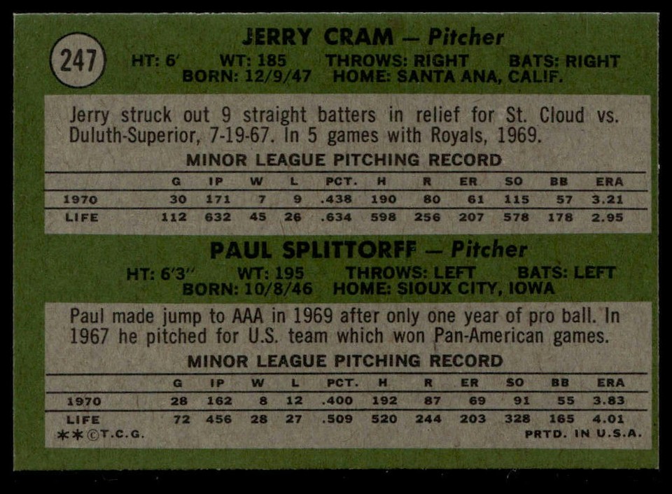 1971 Topps #247 Royals 1971 Rookie Stars (Jerry Cram / Paul Splittorff ...