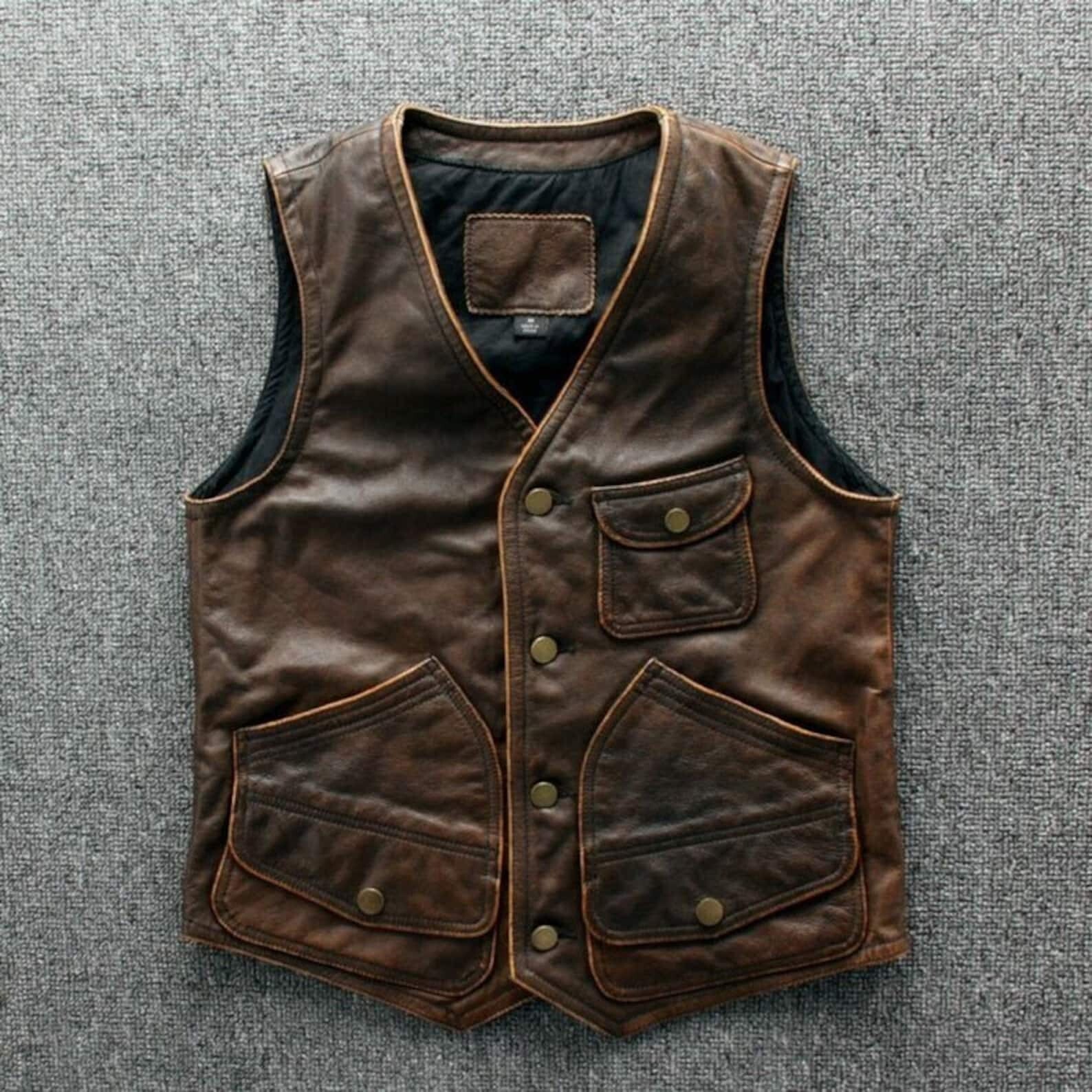 Men's Brown Pure Lambskin Leather Biker Vest | Brown Distressed ...
