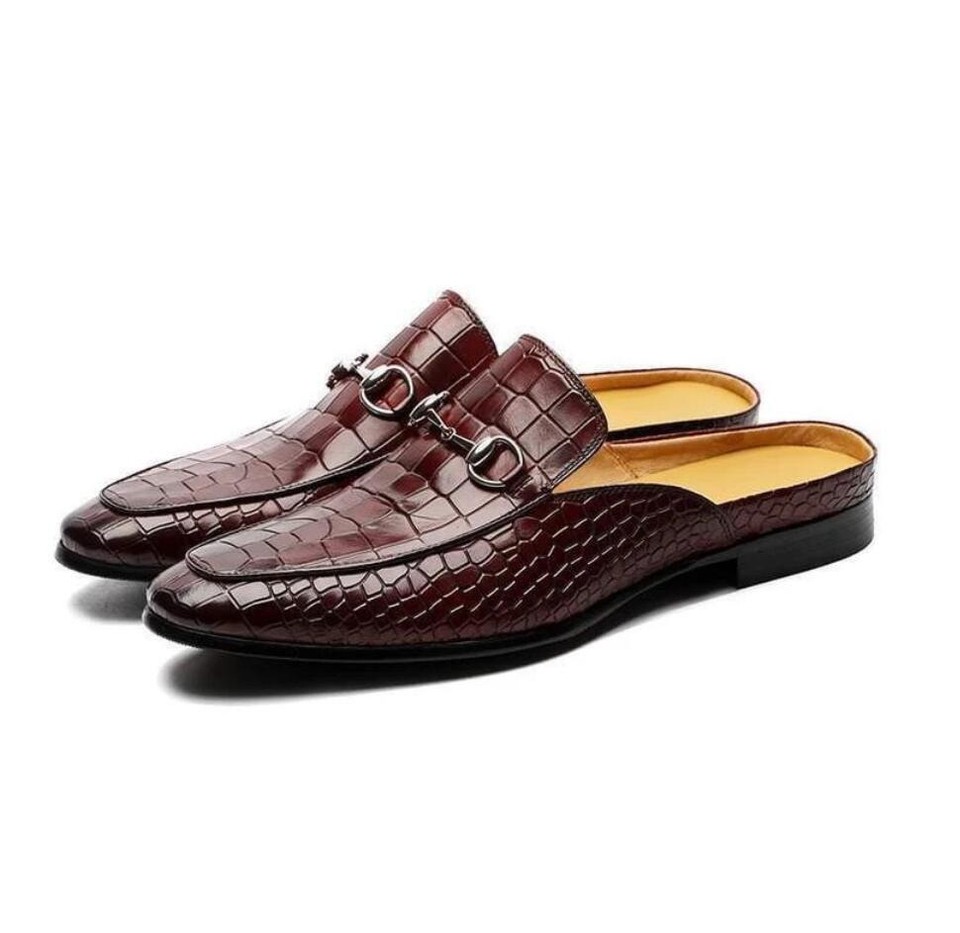 Men's Mules Slip On Slippers Backless Flats Black Shoes Genuine Leather ...