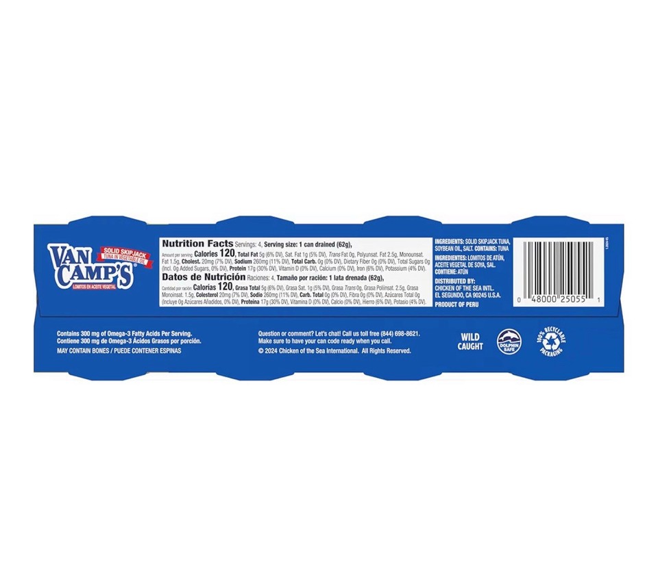 3 PK - Van Camp’s Solid Skip Jack Tuna In Vegetable Oil 4-3 oz / 12 ...